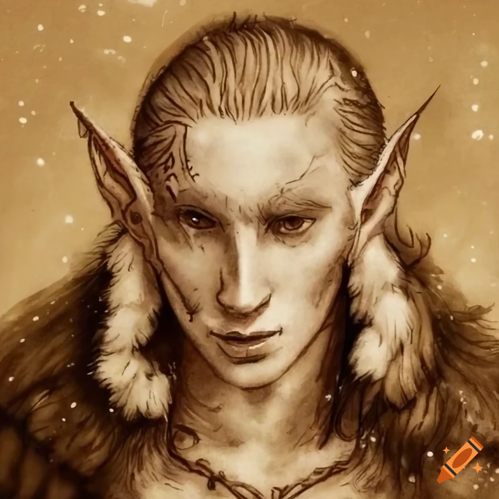 Scarred male elf wearing furs during snowfall, sepia ink on parchment ...