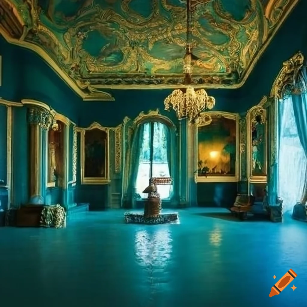 Castle interior cozy dim blue green opulent