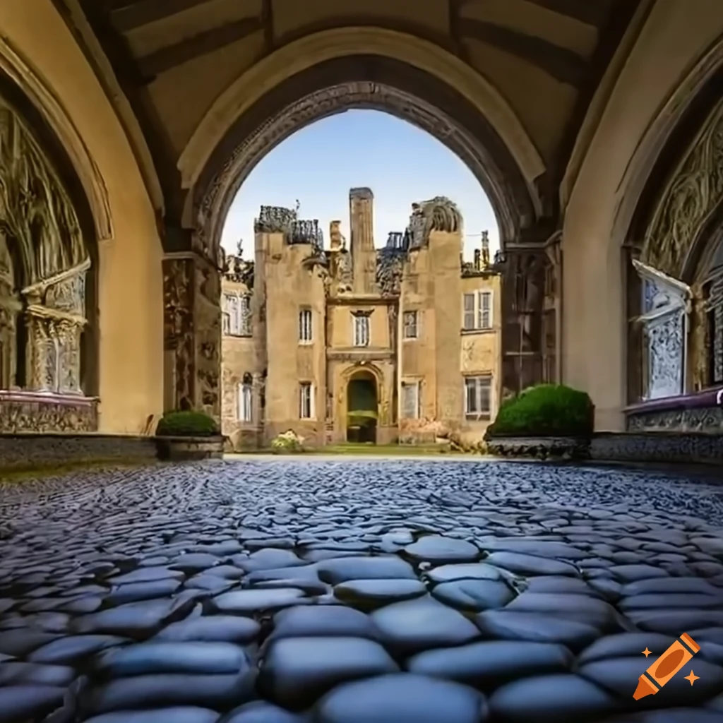 The grand entryway to a magnificent 19th century castle with cobbled road