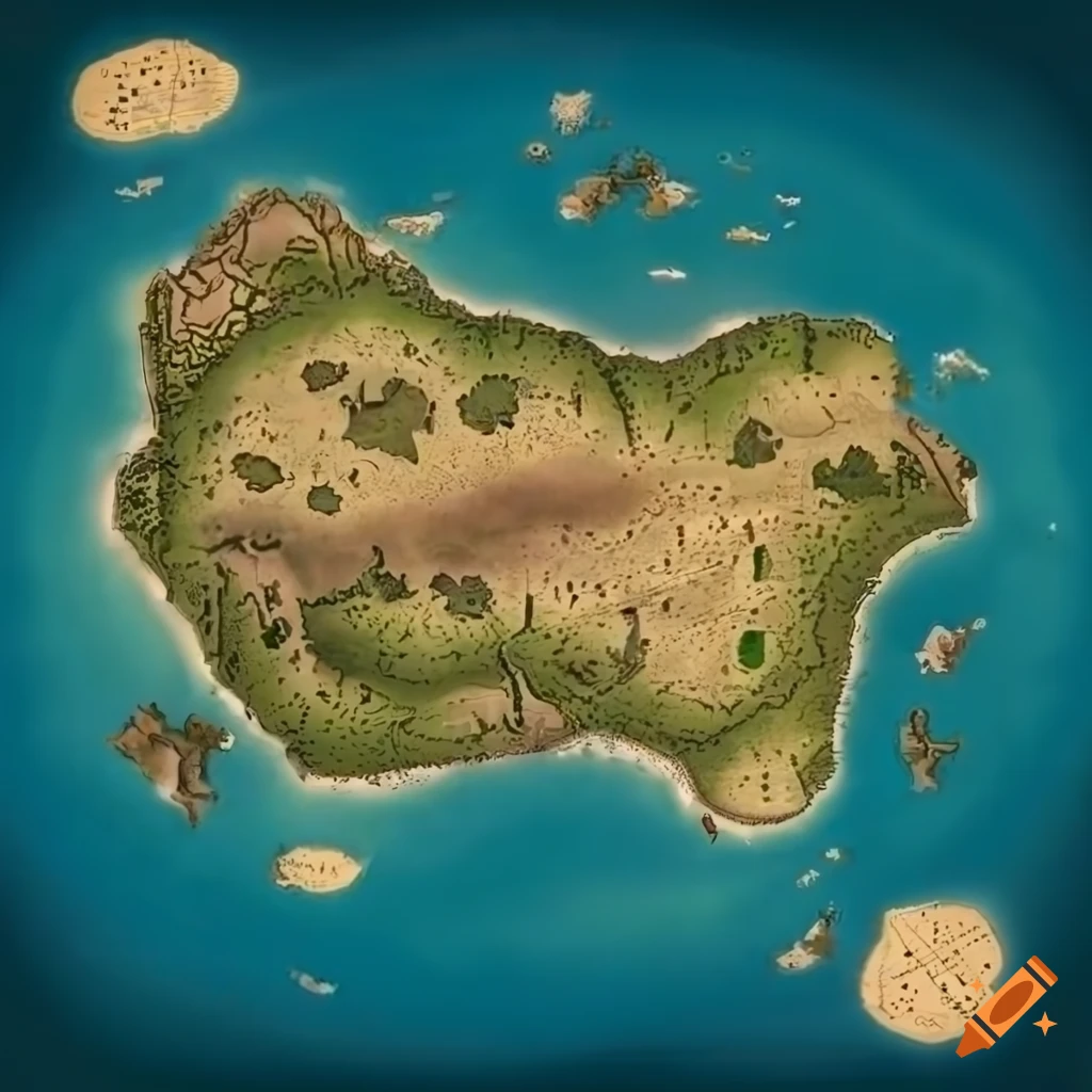 Detailed map of an isle with several biomes seen from above, medieval ...