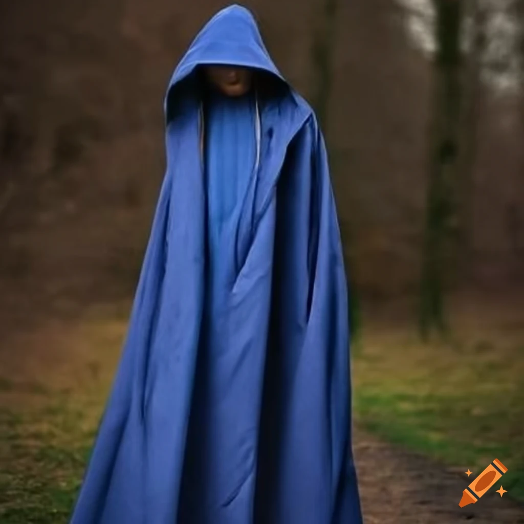 Tall hooded figure wearing an indigo cloak