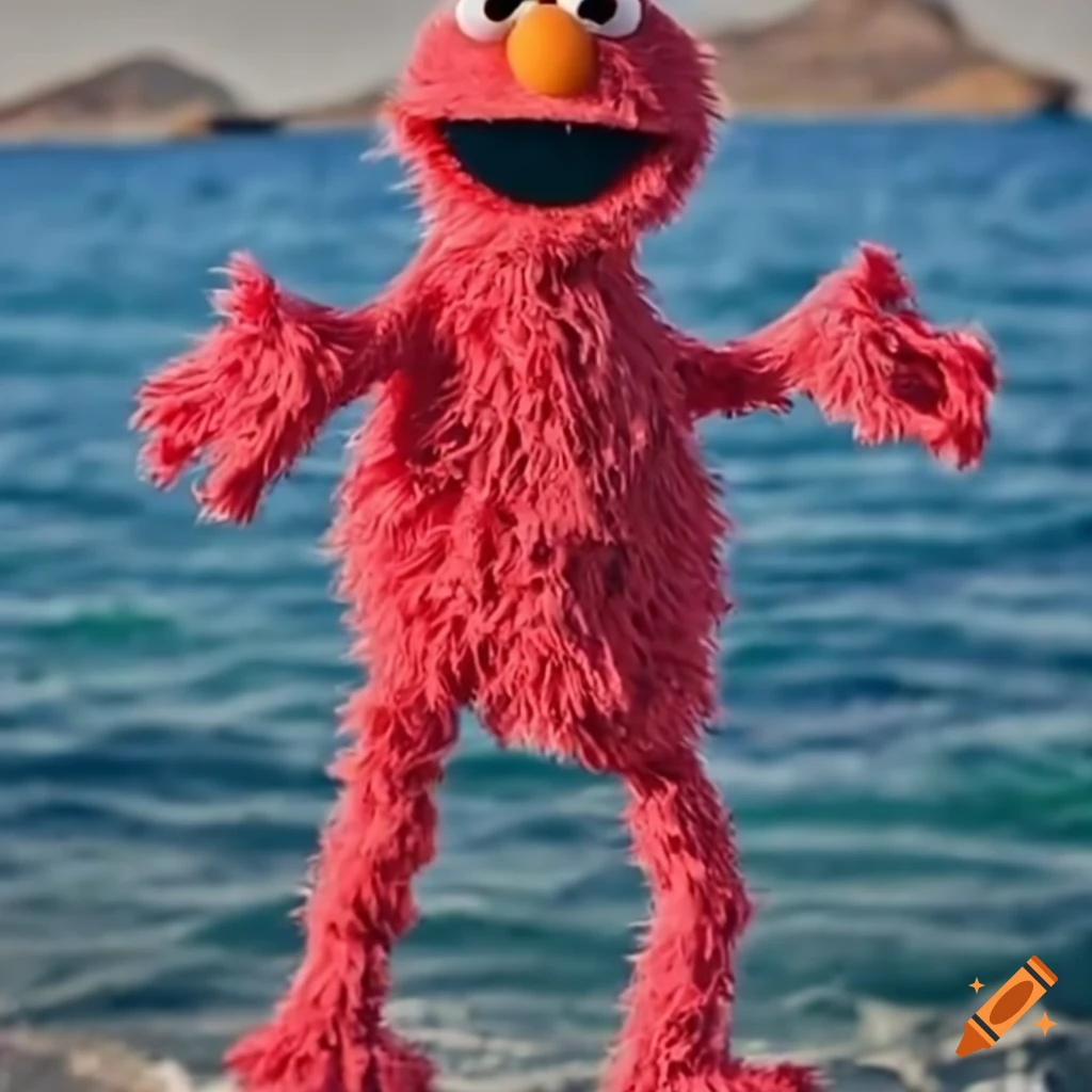 Elmo from sesame street walking on an island in greece