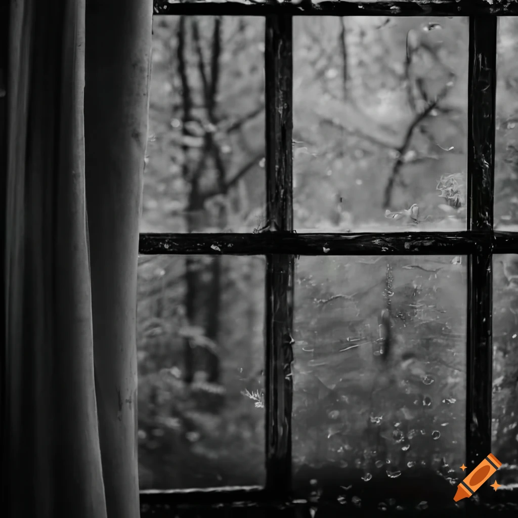 A window in a cozy bedroom, it’s raining outside, high detail on Craiyon