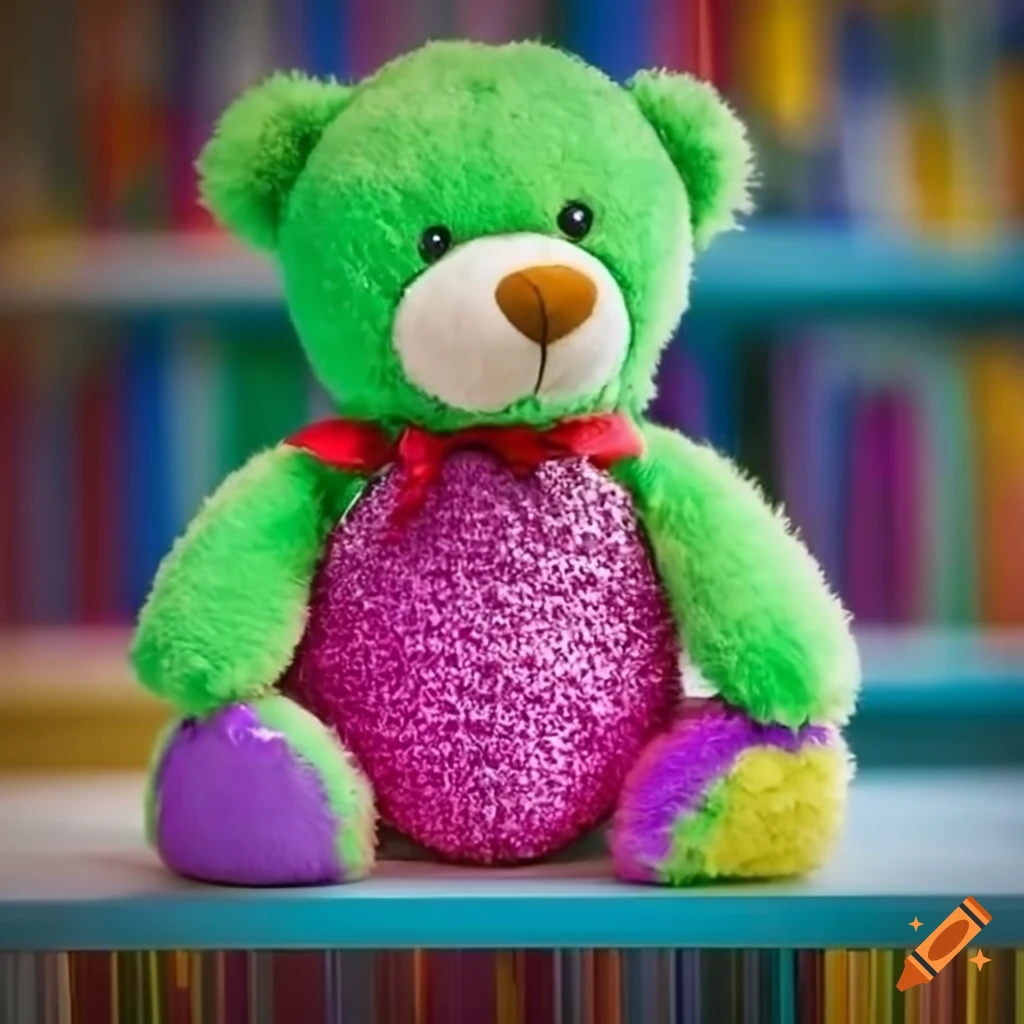 A brightly colored teddy bear sitting on a shelf on Craiyon