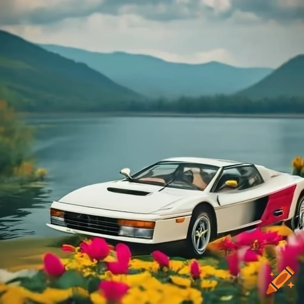 White Ferrari Testarossa surrounded by flowers and overlooking a lake ...