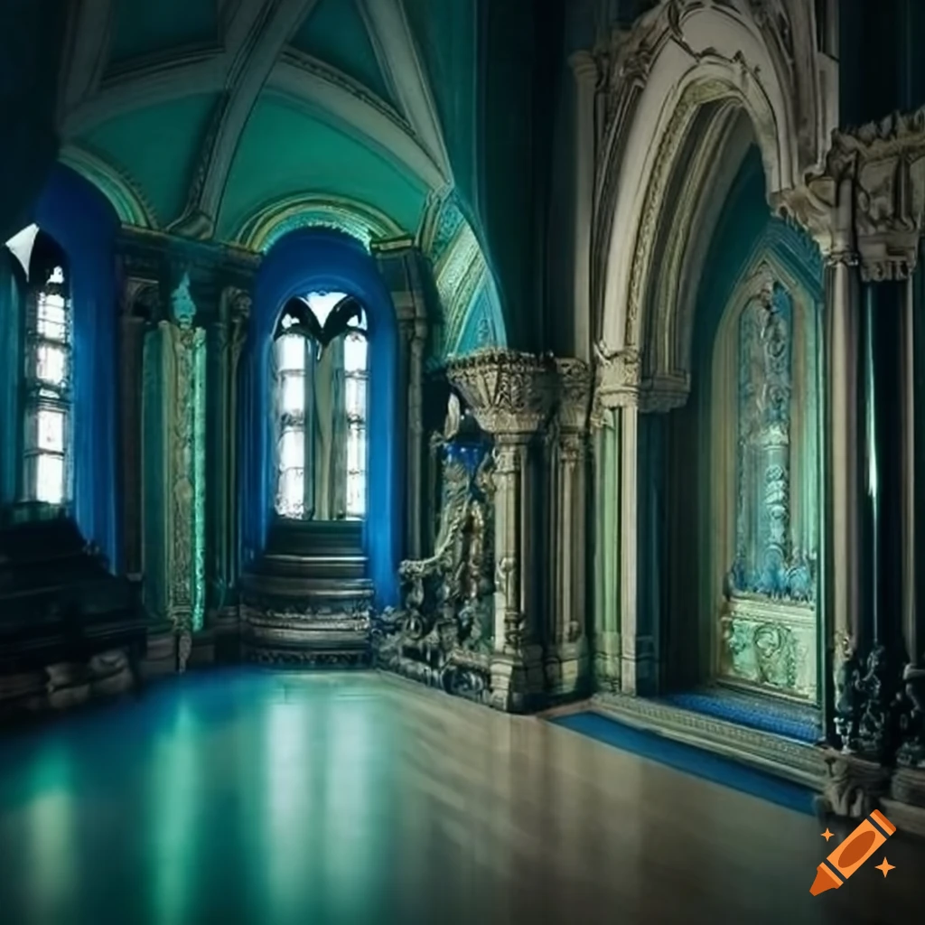 Castle interior cozy dim blue green opulent