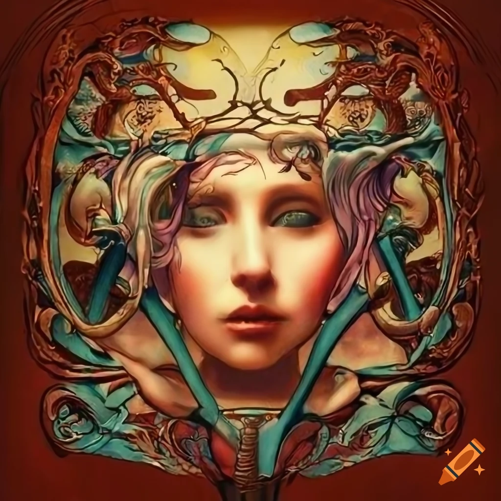 An art nouveau heavy meta lalbum cover for a band, do not include any ...