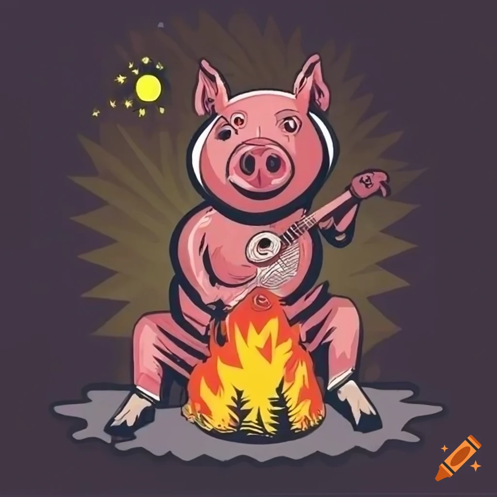 Pig and firefly sitting around campfire playing banjos woodcut style on ...