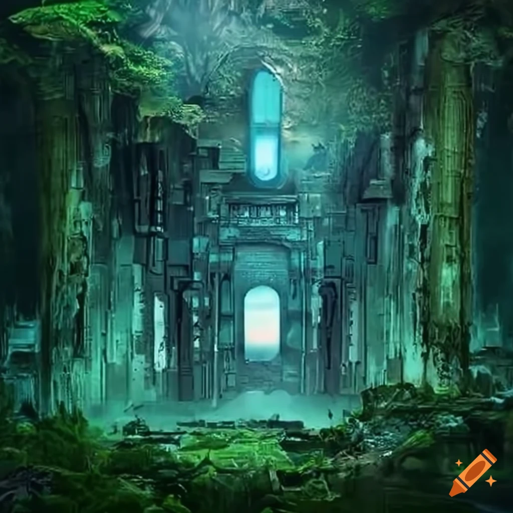 Mix of futuristic tech with ancient ruins in a jungle