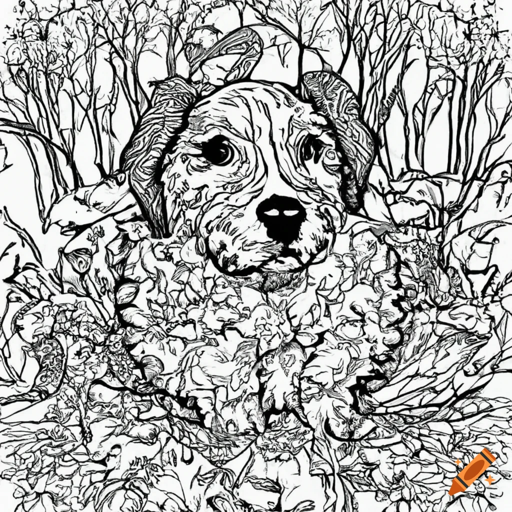 Black and white coloring page: puppy in a fantasy forest on Craiyon