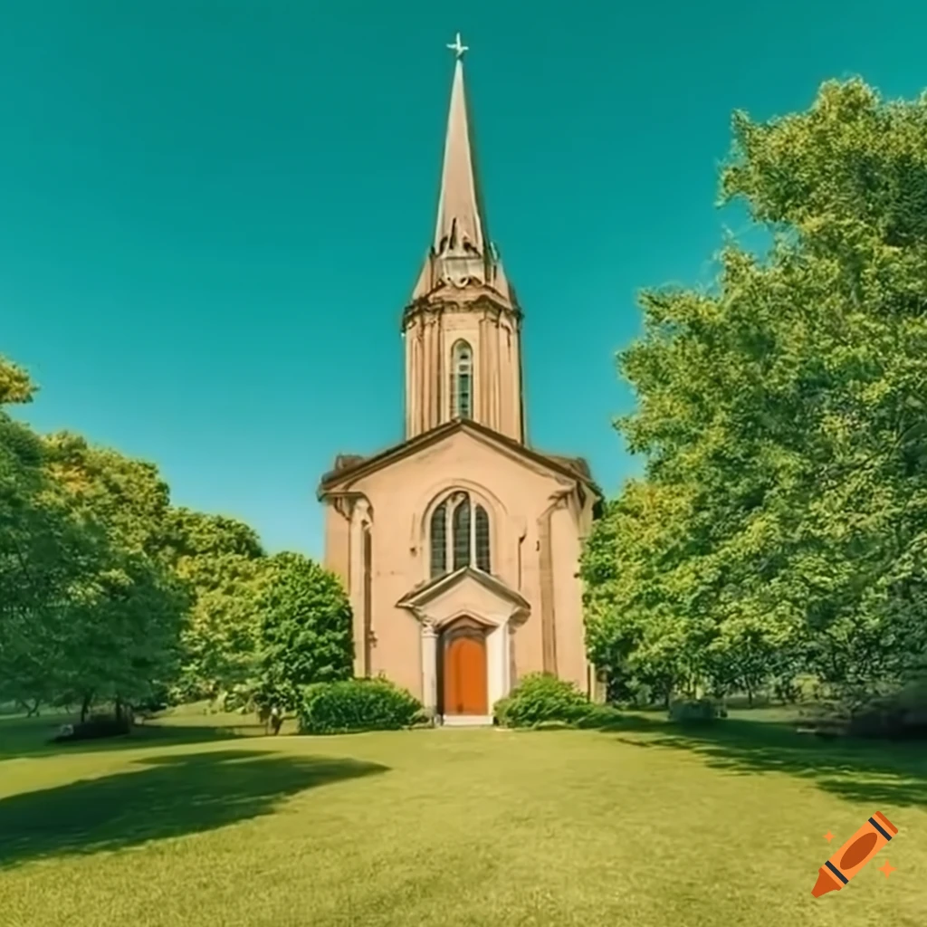 Inside of a huge liminal empty church with bushes and trees growing ...
