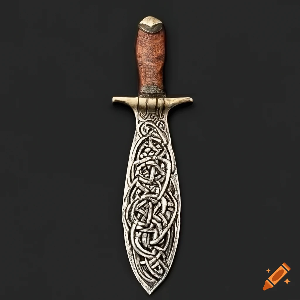 A ceremonial celtic knife with engraved symbols floating on a deep ...