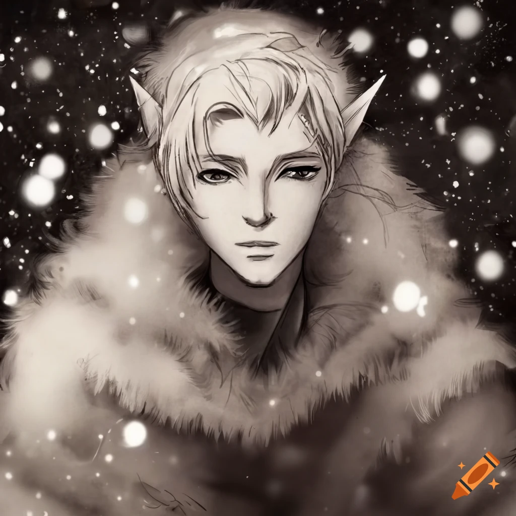 Half body shot of a male elf wearing furs during snowfall, sepia ink on ...