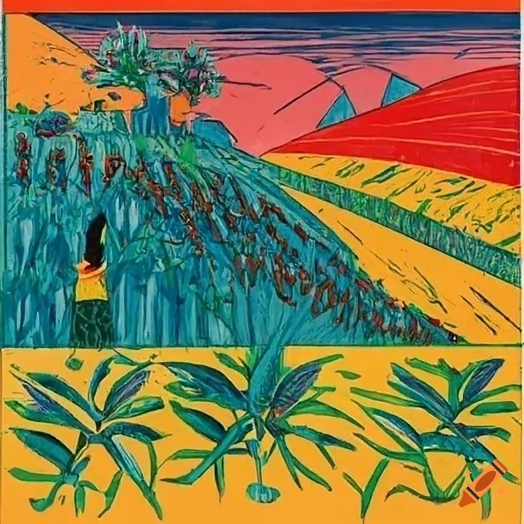 Color woodcut by diego rivera of farmers and growers, crops and plants ...