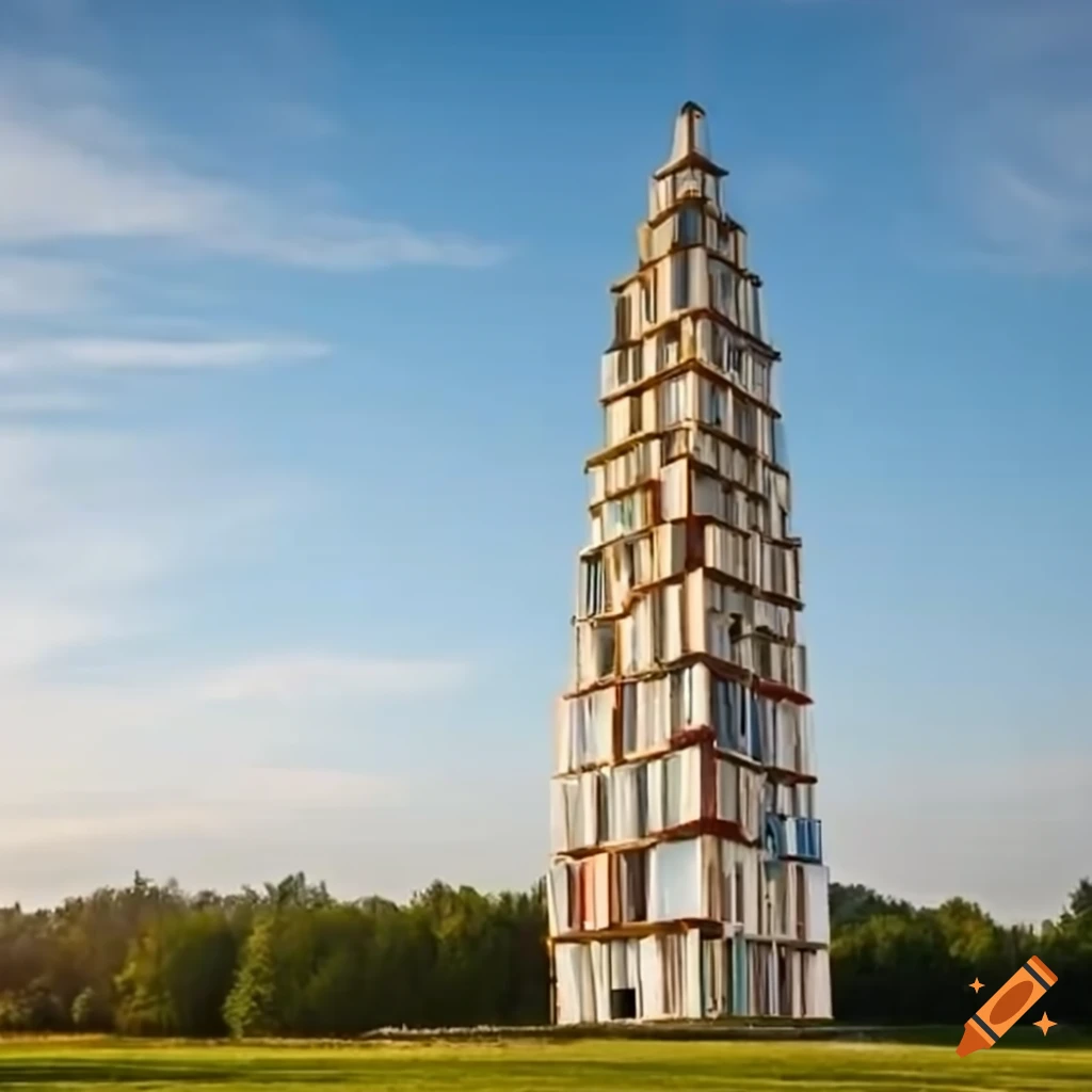 A tall and majestic ivory tower made of books with a large rooftop ...