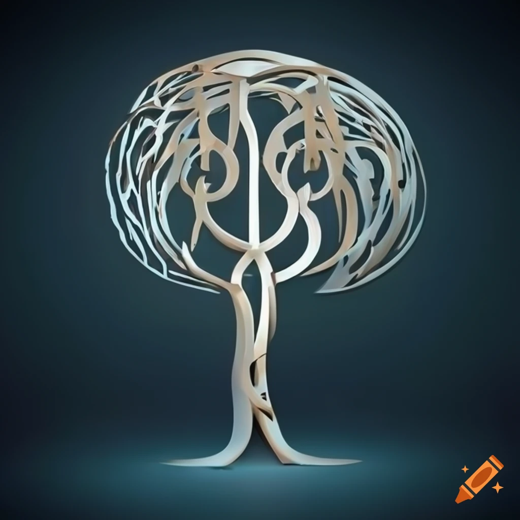 A digital artwork of a tree with modern typography and made of metal