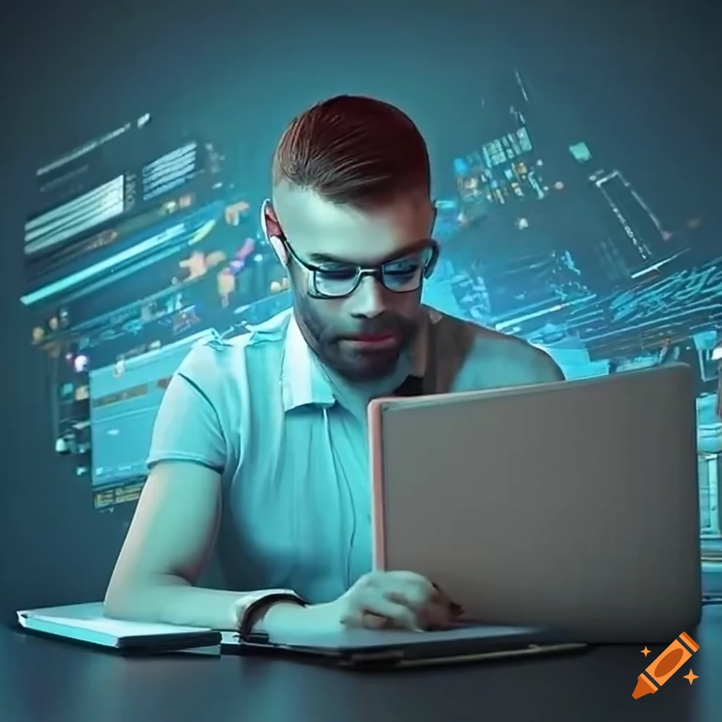 Web designer sat in front of a computer on Craiyon