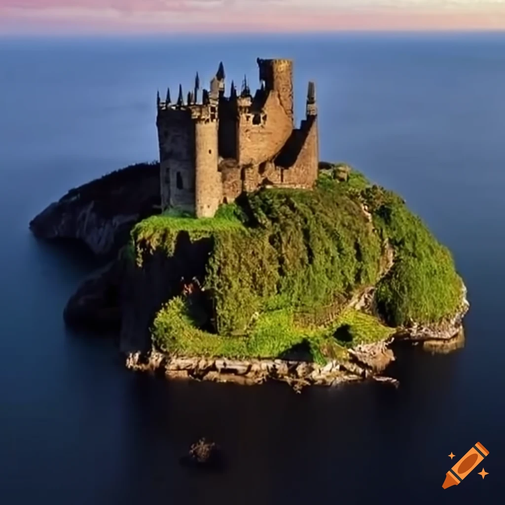 A castle on the top of a mountain on an island, from far on Craiyon