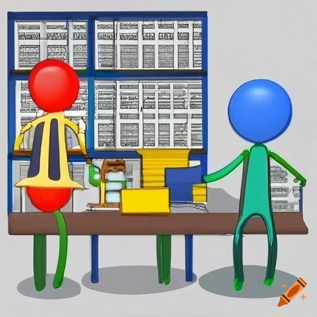 Colourful stick figure office scene doing a lot of boring files on Craiyon