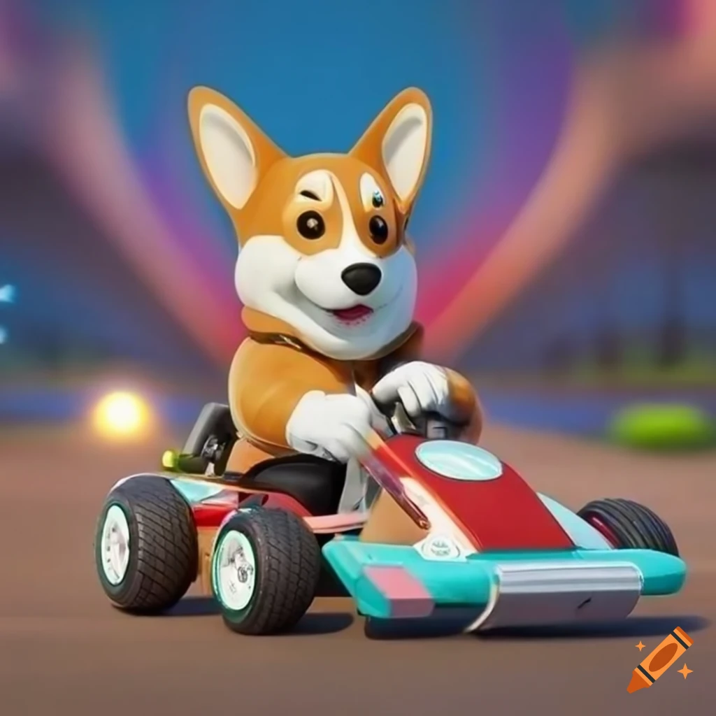 A Cute corgi driving a kart, digital illustration octane render, Mario ...