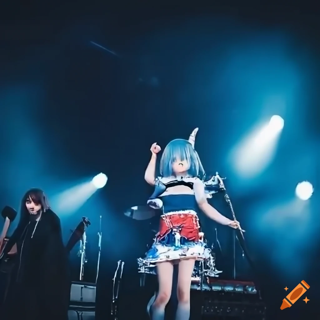 V-tuber, Gawr Gura playing at a concert with rock band, Thrice on Craiyon