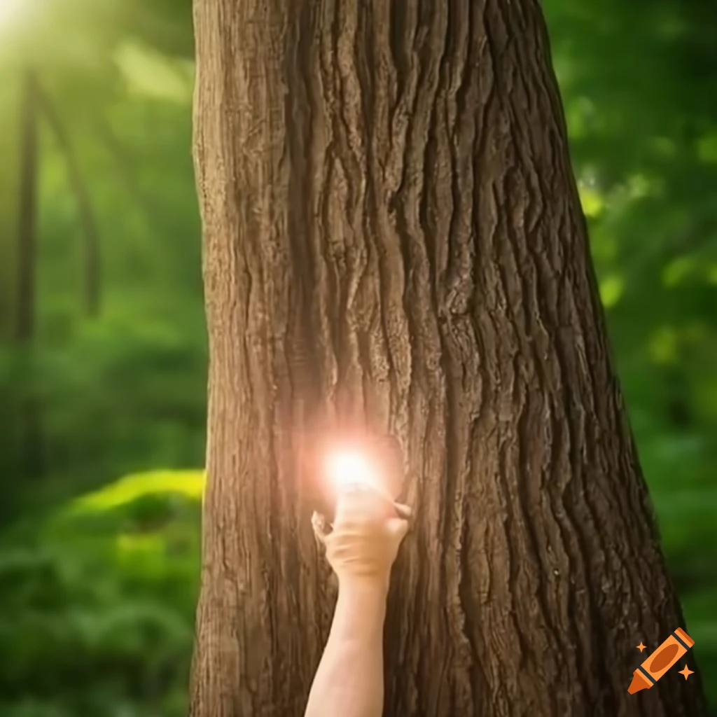 Hand touching tree with light around