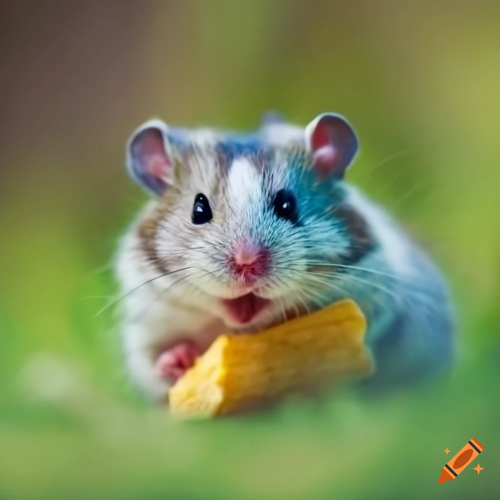 Smiling hamster, lying in the grass, eating chips, looking in the ...