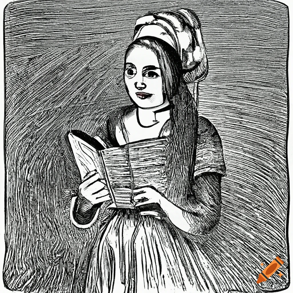 A black and White cartoon of a young woman, who is elated by something ...