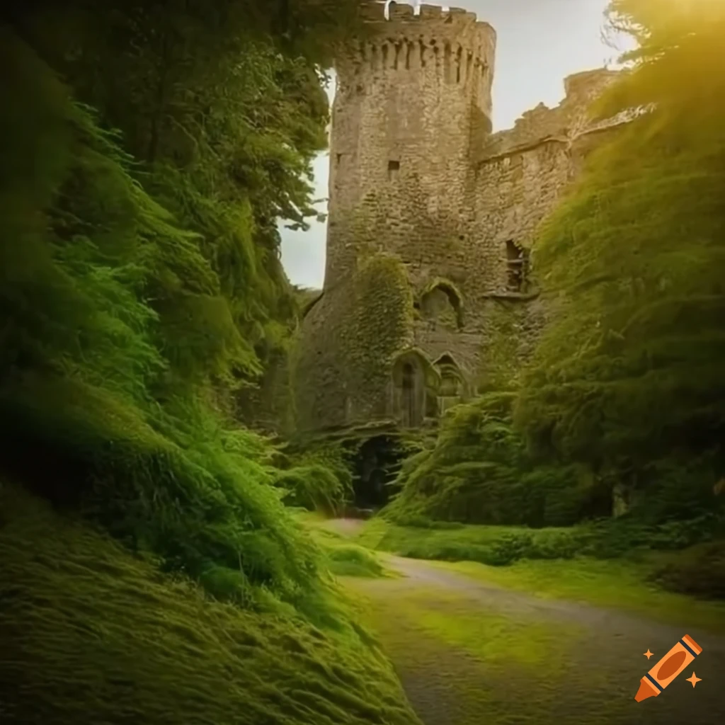 An old castle in Wales, garden, Welsh forest, moss, paved road ...