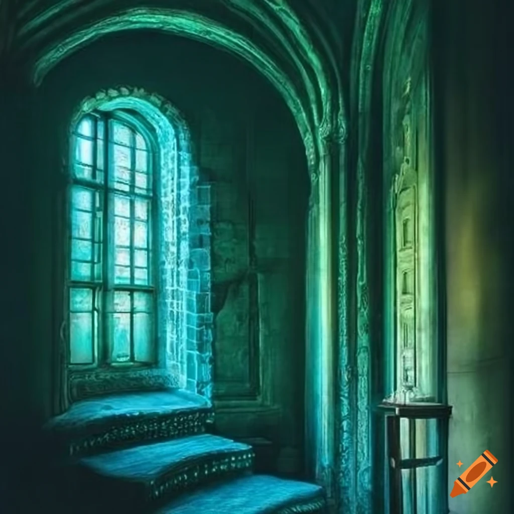 Castle interior cozy dim blue green on Craiyon