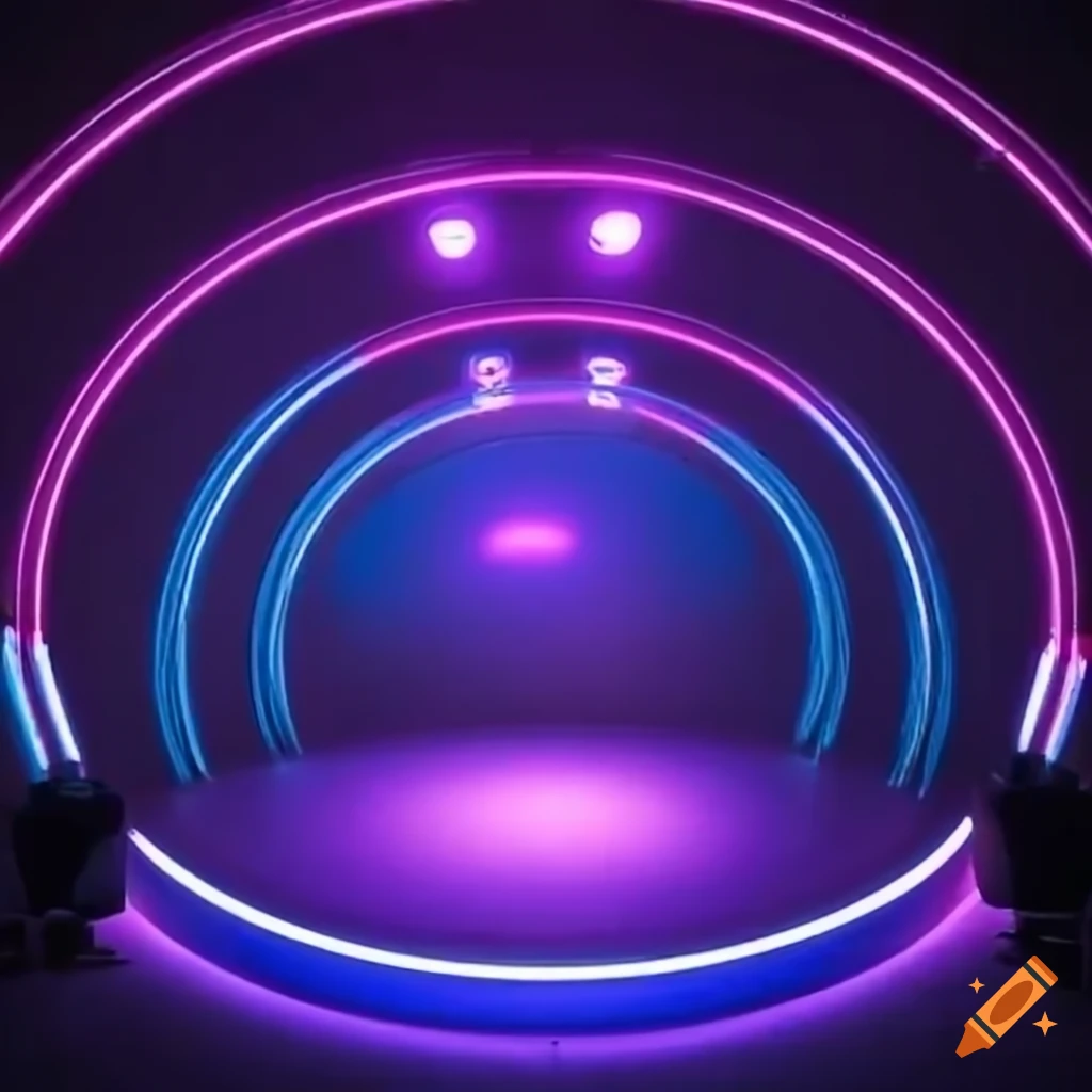 A neon-lit stage with a circular platform and bright lights on Craiyon