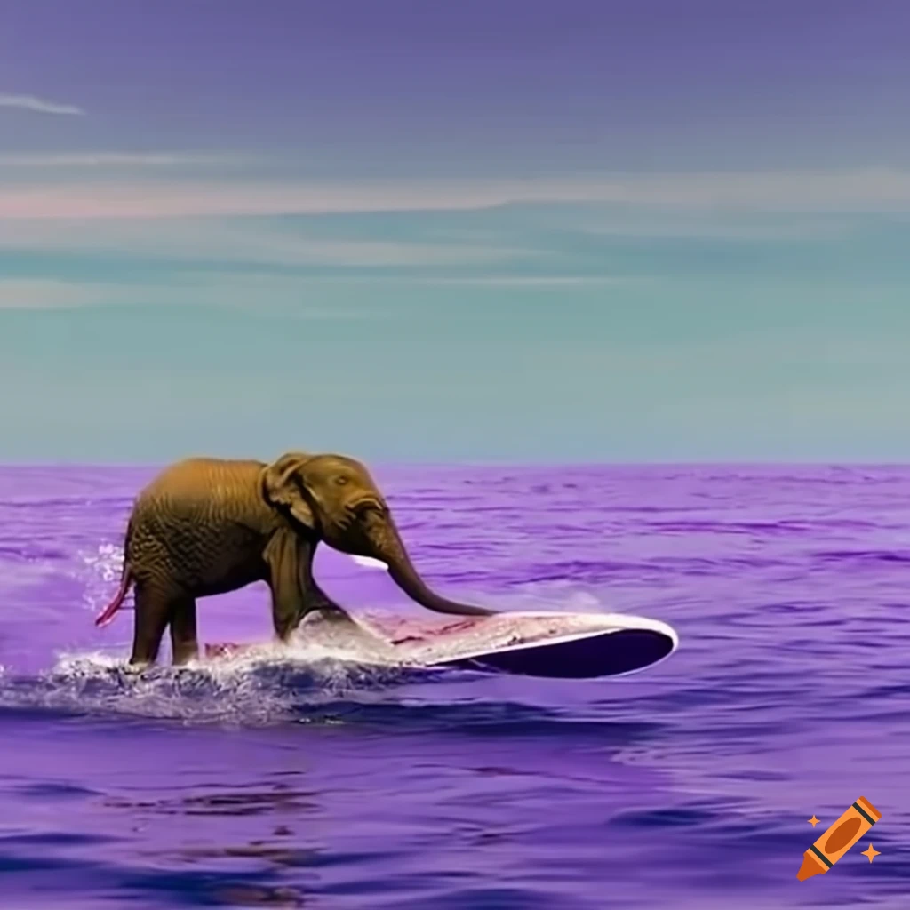 Elephant surfing in a purple ocean under a green sky on Craiyon