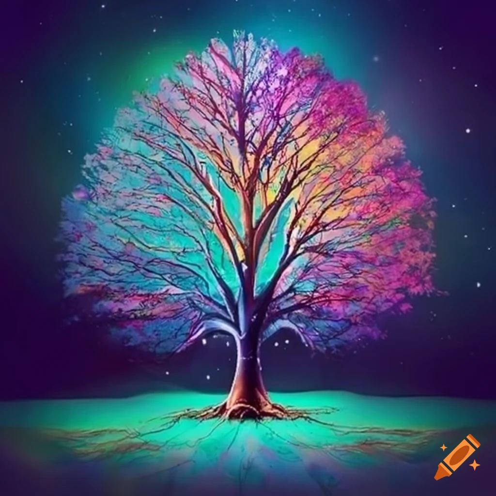 A magical space tree with rainbow leaves on Craiyon