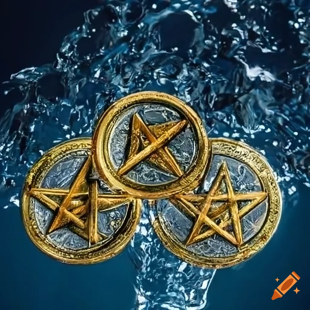 Four golden pentacle coins floating on top of water