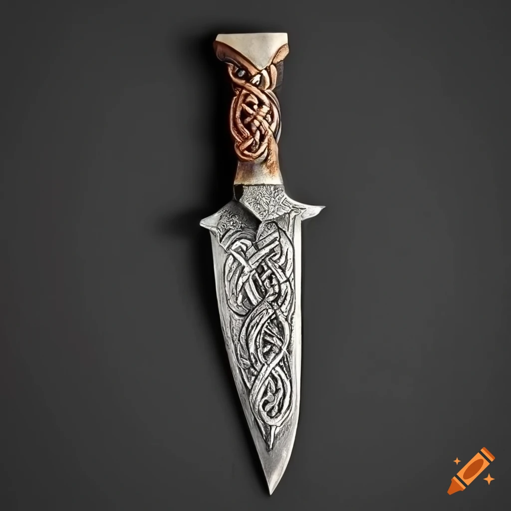 A ceremonial celtic knife with engraved symbols floating on a deep ...