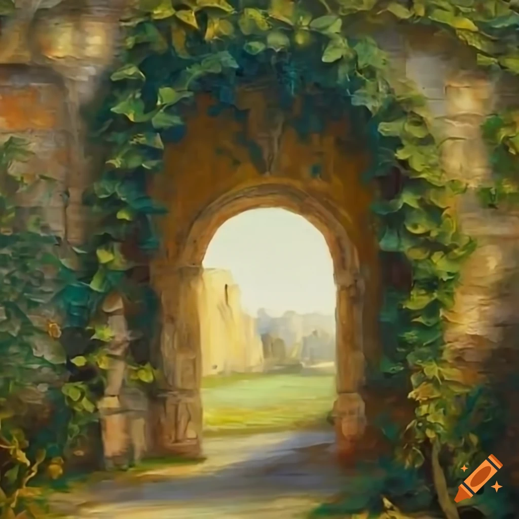 A stone castle arch surrounded by vines and tree roots