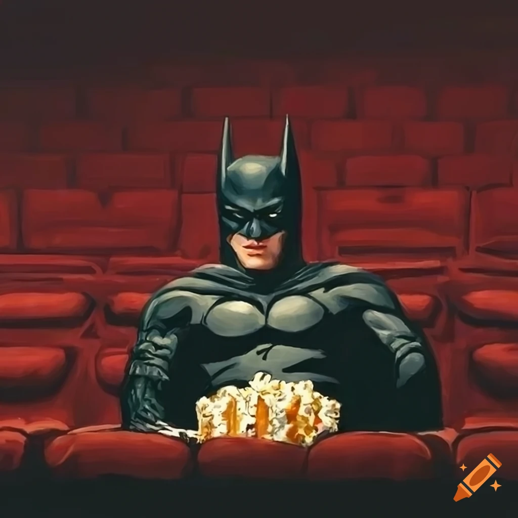 A wide view of batman eating popcorn sitting in an empty theater in the ...
