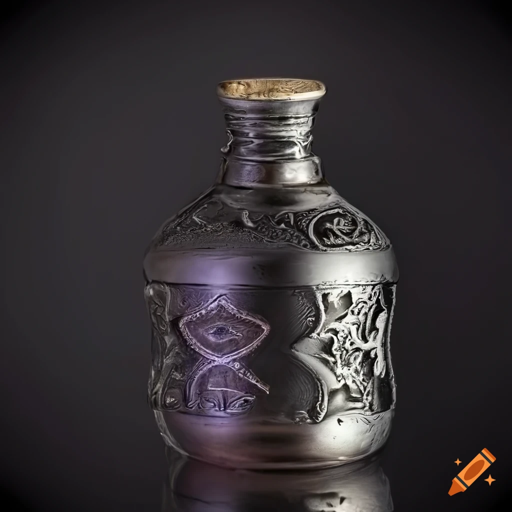 A ceremonial elvish potion with engraved symbols floating on a deep ...