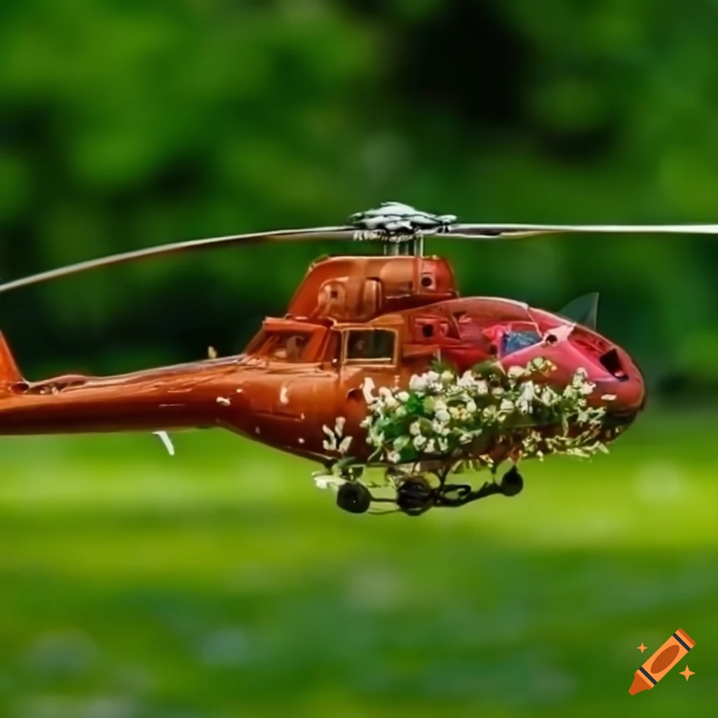 A helicopter with flora and fauna element and floral decoration, side view