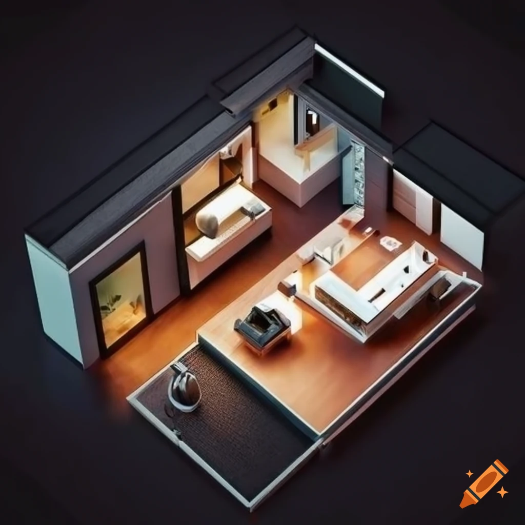 Modern house, interior, 16 bit style, 30 degree from above view on Craiyon