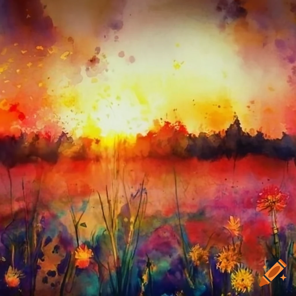 Flower field in sunset in watercolor on Craiyon