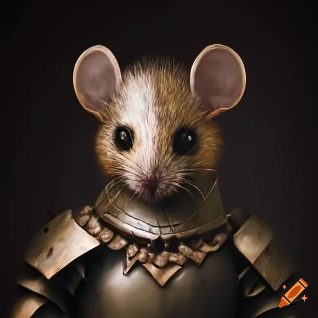 A mouse wearing a helmet and armor, holding a sword
