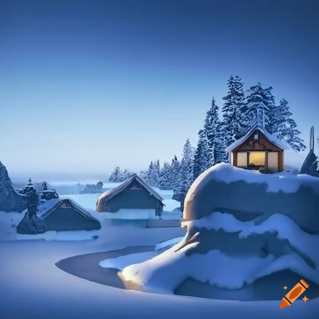 A snowy island with japanese styled houses on Craiyon