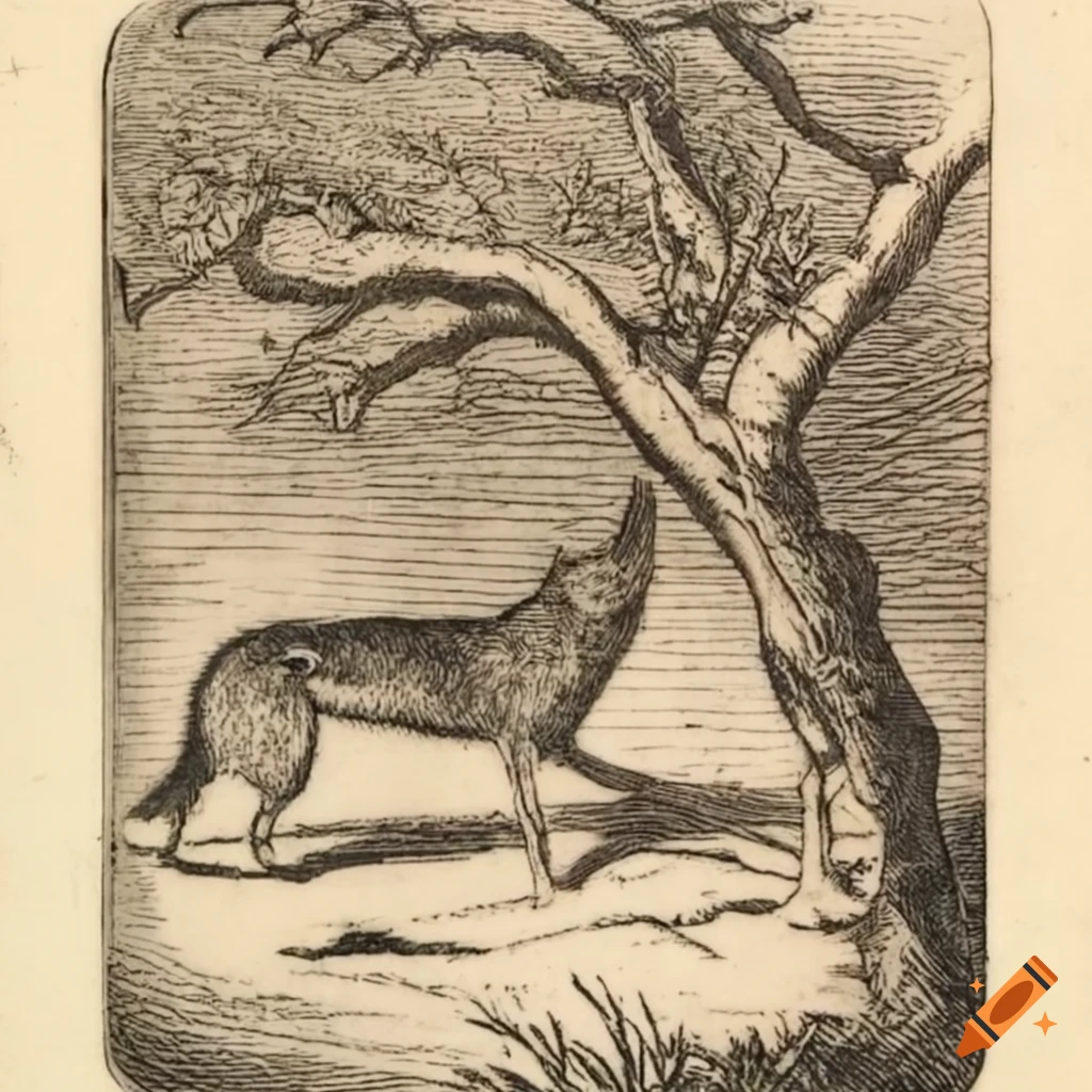 1800s etching of a coyote and a tree on Craiyon