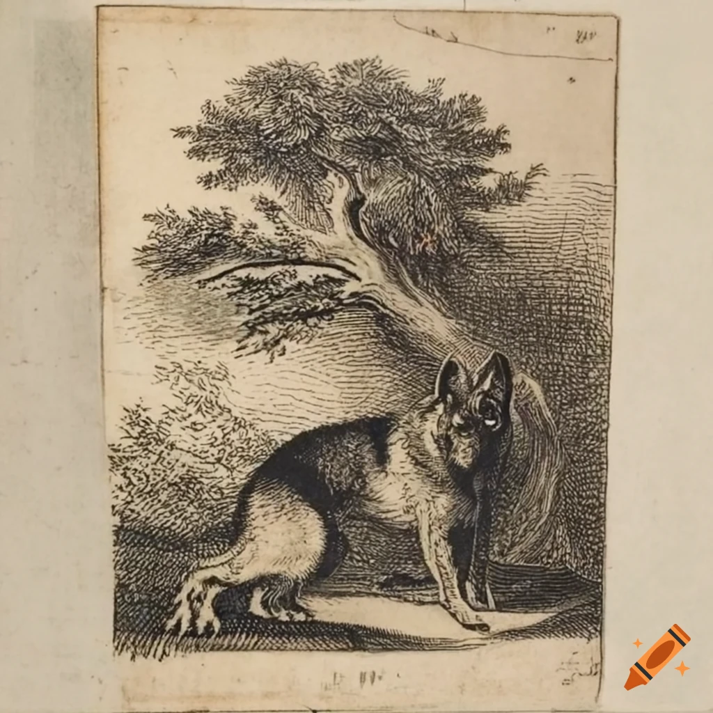 1800s etching of a german shepherd and a tree