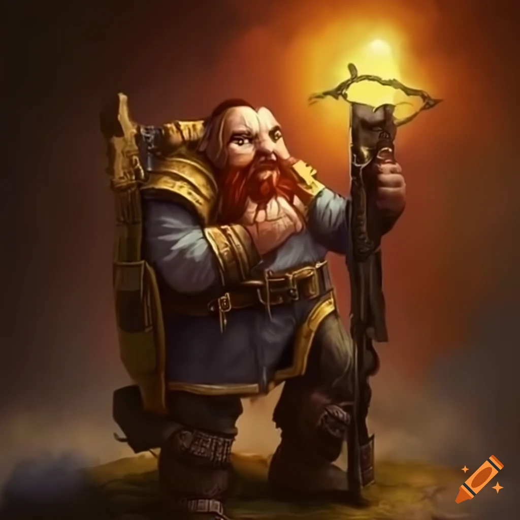 A fantasy dwarf magician with his staff and maps on his backpack