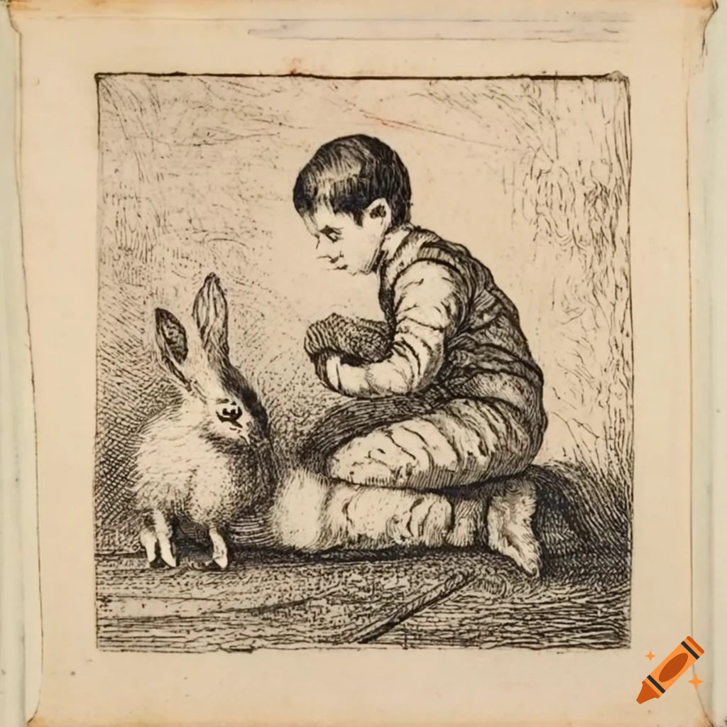 1800s etching of a boy and a rabbit