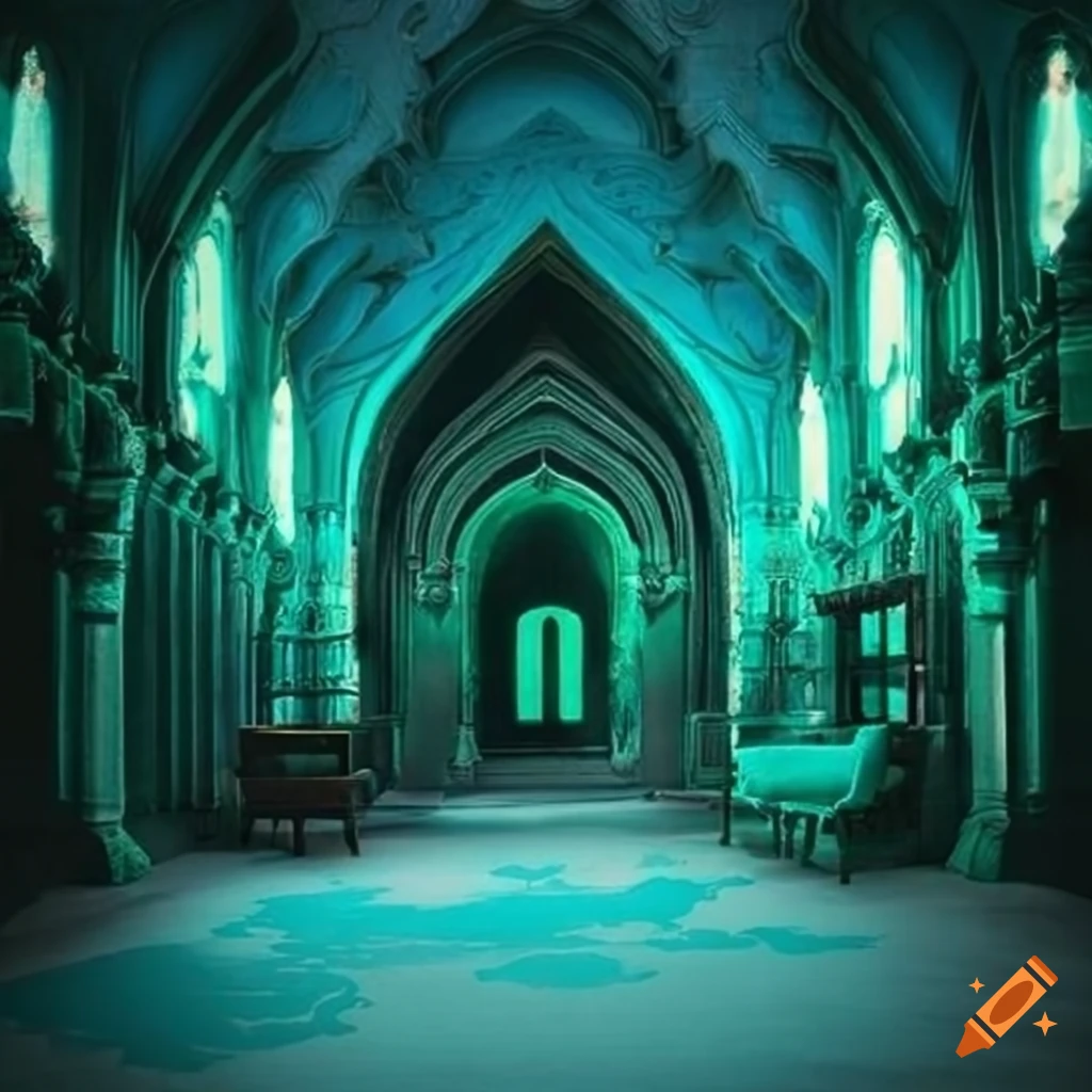 Castle interior cozy dim blue green