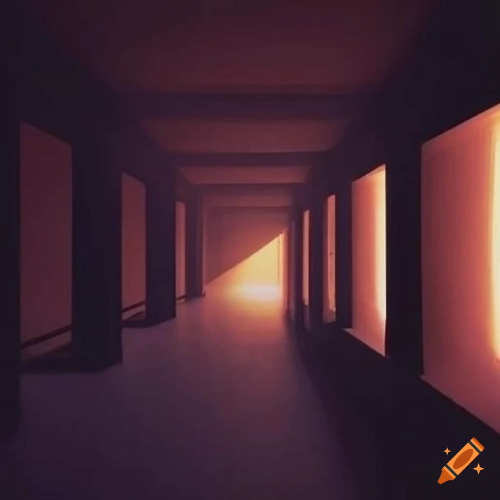 Liminal space, wide saloon, square lights, tall roof, alone