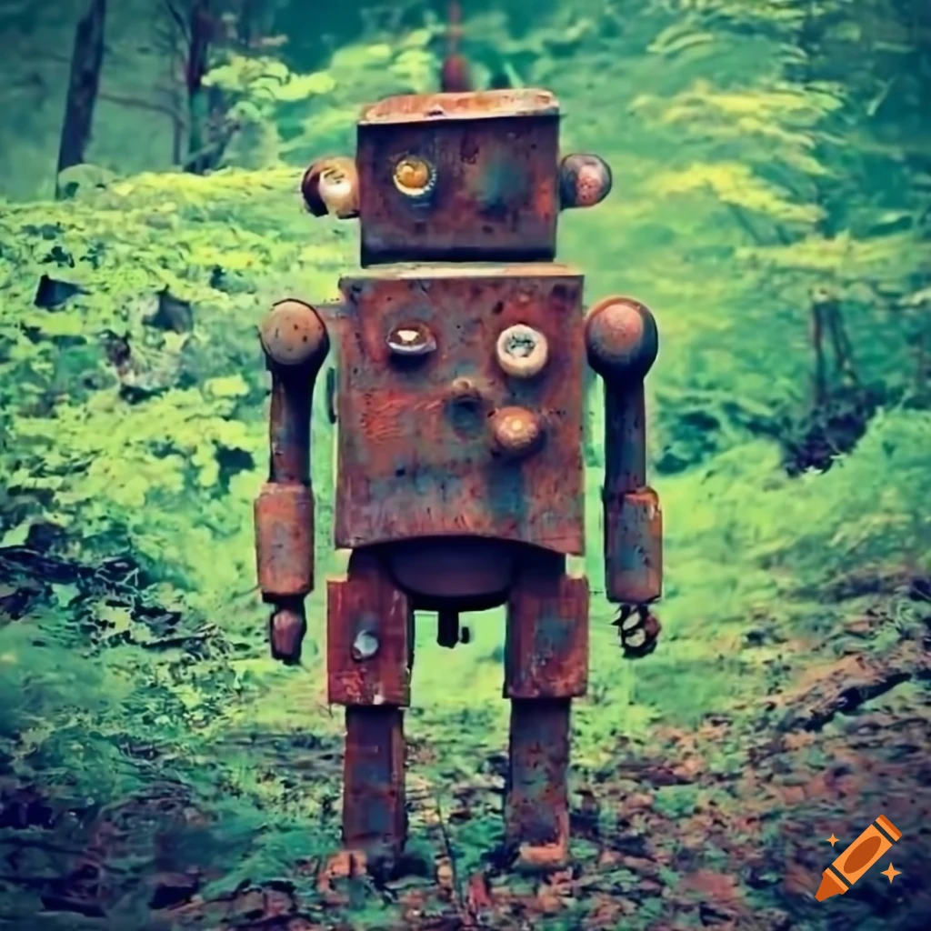 Rusty robot in an overgrown forest on Craiyon